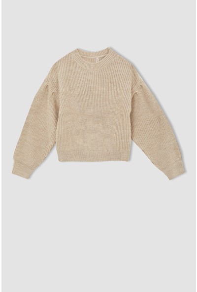 DeFacto Kız Çocuk Regular Fit Bisiklet Yaka Balon Kollu Kazak V0851A621WN