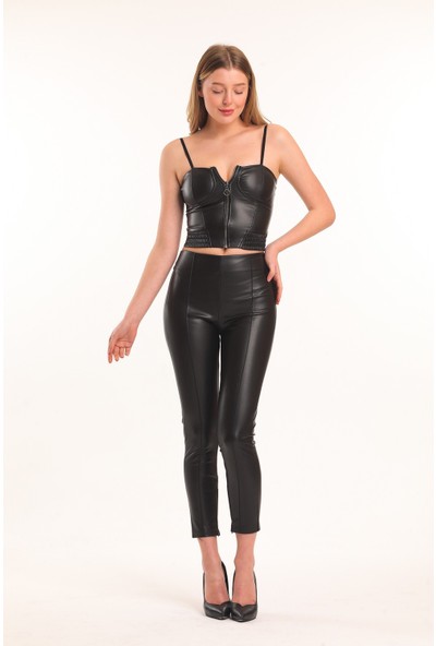 Hilmod Kadın Deri Fermuarlı Pantolon