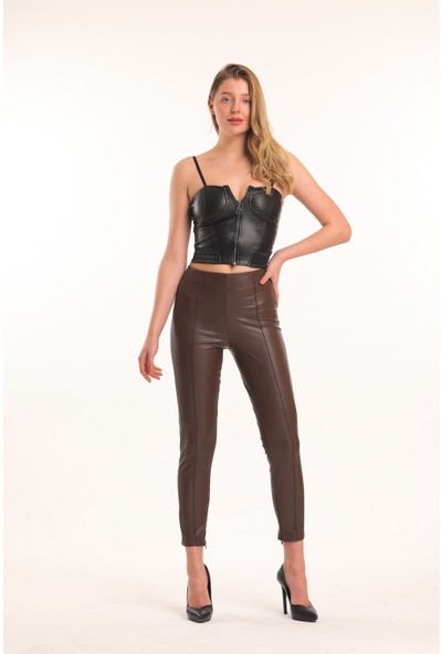 Hilmod Kadın Deri Fermuarlı Pantolon