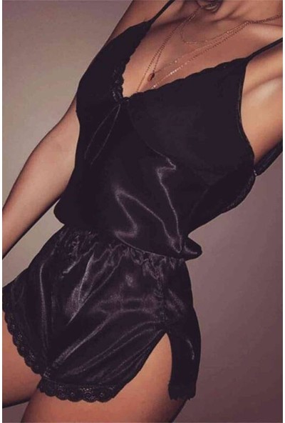 Merry See Dantel Işlemeli Saten Sortlu Pijama Takım Siyah MS2336