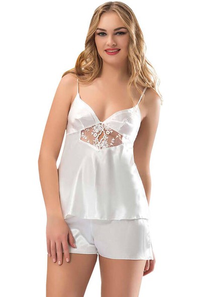 Sistina Beyaz Dantel Detaylı Saten Atlet Şort Takım 296
