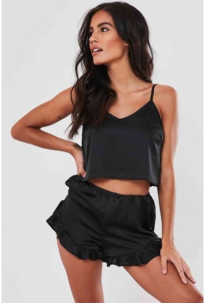 Merry See Saten Şortlu Takım Siyah MS2308