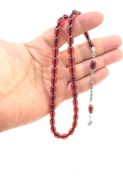 Şamil Tesbih Ateş Kehribar Tesbih 925 Ayar Gümüş Kazaz Püsküllü Tesbih