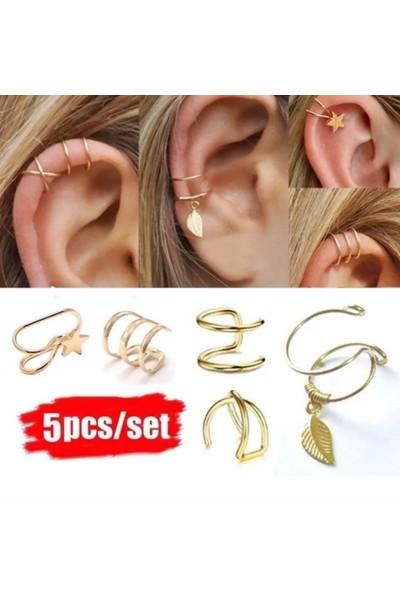 Misboho Delik Gerektirmeyen Sıkıştırmalı 5 Parça Altın Renk Kıkırdak Küpe Seti