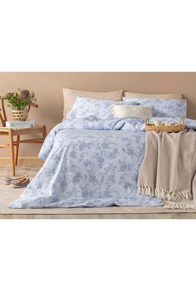 Vintage Garden Pamuk Çift Kişilik Nevresim Takımı 200X220 cm Mavi