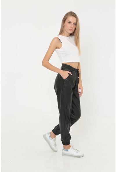 Ette Kadın Bel Paça Lastikli Siyah Deri Pantolon 10045