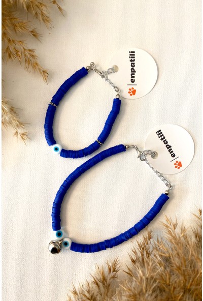 Enpatili Zilli Nazar Boncuklu Bileklik Kedi Tasması Kedi Kolyes Seti Mavi
