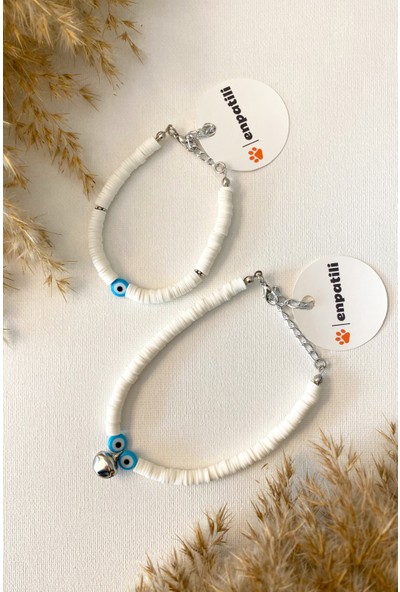 Enpatili Zilli Nazar Boncuklu Bileklik Kedi Tasması Kedi Kolyesi Seti Beyaz
