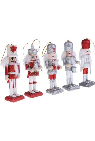 Blesiya 5 Adet 12 cm Ahşap Fındıkkıran El Sanatları Noel Süsler Festivali Süslemeleri 5 Adet Kırmızı + Gümüş (Yurt Dışından)