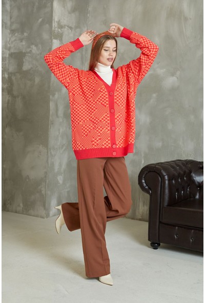 Lime Moda Kareli Hırka-Oranj Lime Moda Kareli Hırka-Oranj