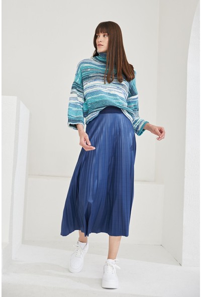 Lime Moda Beli Lastikli Pileli Etek-Lacivert