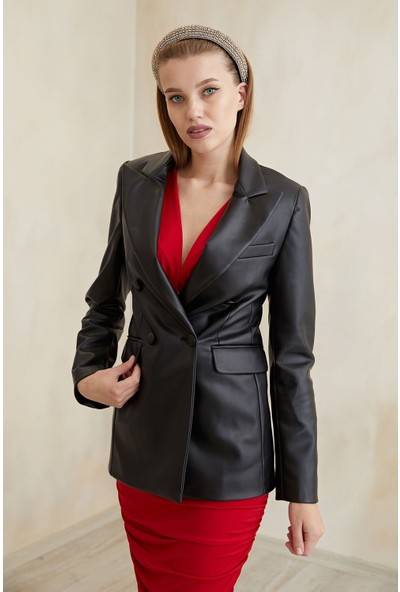 Lime Moda Düğmeli Deri Ceket-Siyah