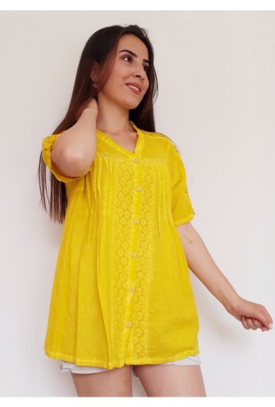 Otantik Textile Kadın Etnik Otantik Keten Buldan Şile Bezi Yazlık Yarım Kollu Büyük Beden Gömlek