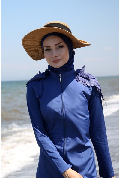 Marina Omuzları Dantelli Fermuarlı Tam Kapalı Tesettür Mayo 3'lü Set Marina Mayo M2029 Indigo