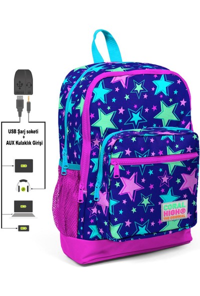 Coral High Kids Saks Yıldız Desenli USB Şarjlı Kulaklık Çıkışlı Okul Sırt Çantası 23271