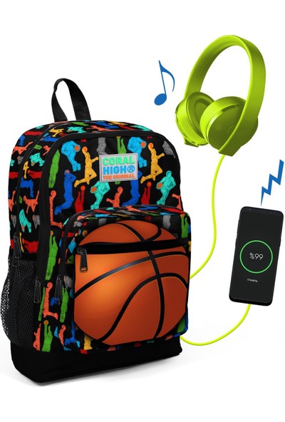Coral High Kids Siyah Basketbol Toplu USB Şarjlı Kulaklık Çıkışlı Okul Sırt Çantası 23281