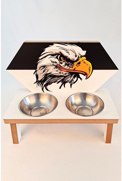 Mini Hediye Ahşap Köpek Kedi Mama ve Su Kabı Siyah Beyaz Kartal Baskılı 11X27 Mini Hediye Ahşap Köpek Kedi Mama ve Su Kabı Siyah Beyaz Kartal Baskılı 11X27