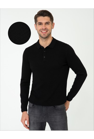 Pierre Cardin Siyah Slim Fit Polo Yaka Triko Kazak 50241383-VR046 Pierre Cardin Siyah Slim Fit Polo Yaka Triko Kazak 50241383-VR046
