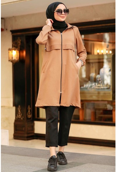 Neva Style - Kapşonlu Camel Tesettür Kap 7148C Neva Style - Kapşonlu Camel Tesettür Kap 7148C
