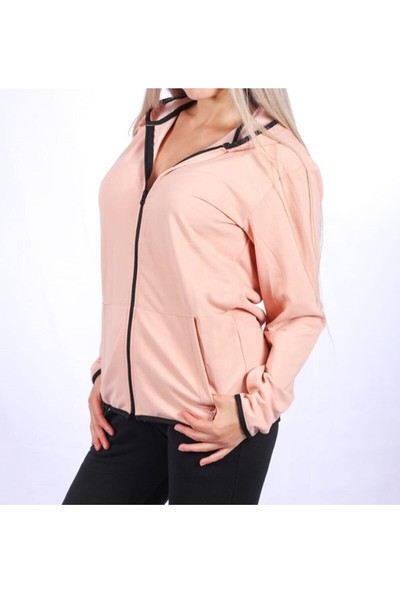 Pudra Siyah Kenarları Biyeli Önden Fermuarlı Kadın Kapüşonlu Sweatshirt Pudra Siyah Kenarları Biyeli Önden Fermuarlı Kadın Kapüşonlu Sweatshirt