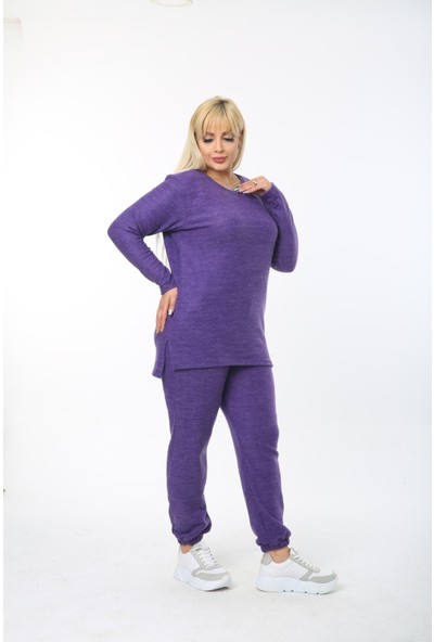 Siyah Kadın Saks Yırtmaçlı Lastik Paçalı Yumoş Kumaş Eşofman Takımı - XXL00006