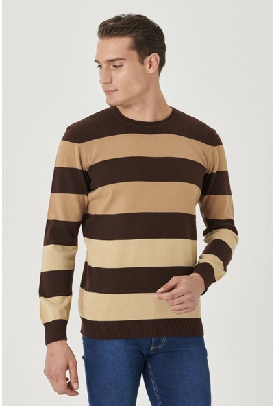 Ac&Co / Altınyıldız Classics Erkek Kahve-Koyu Bej Standart Fit Bisiklet Yaka Desenli Triko Kazak