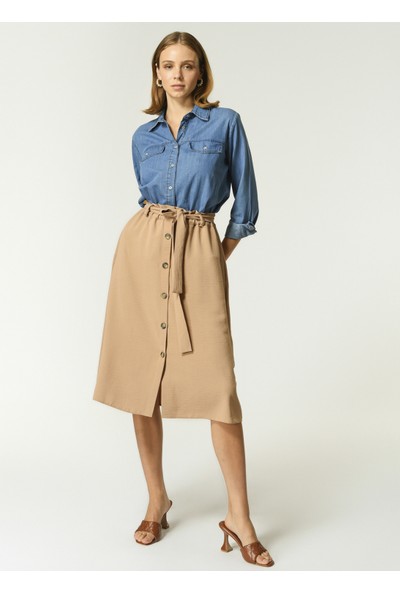 NG Style Yüksek Bel Düz Diz Altı Deve Tüyü Kadın Etek