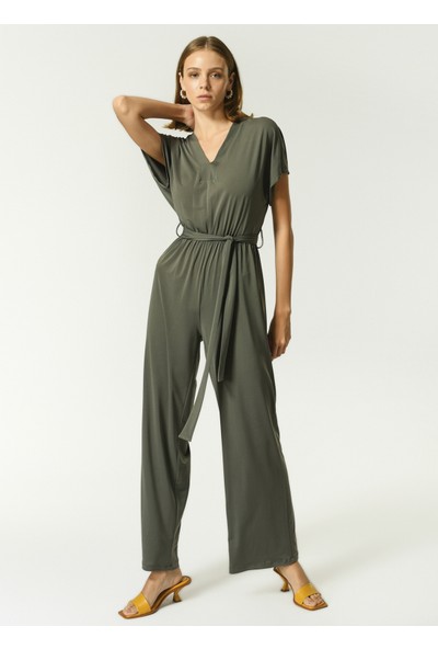 NG Style Kısa Kollu Regular Fit Düz Haki Kadın Tulum