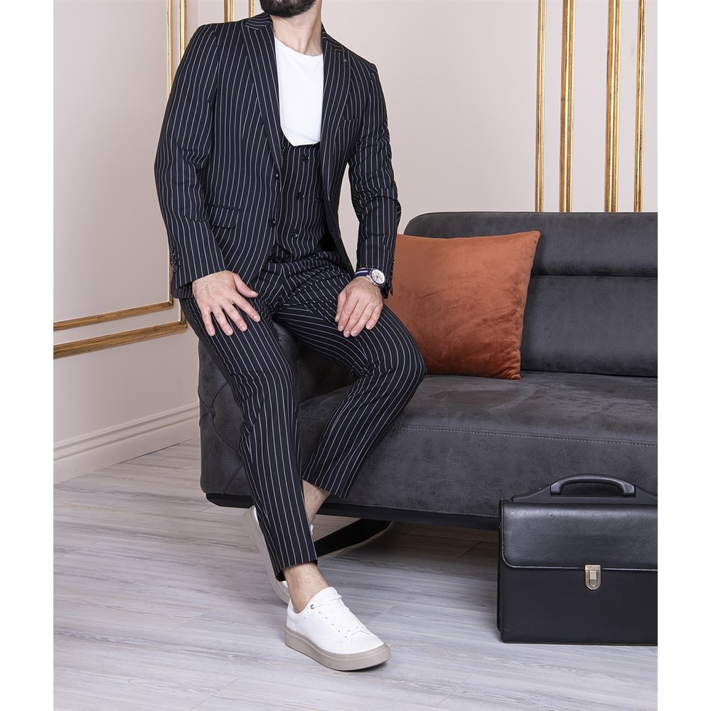 Paco Romano Erkek Slim Fit Sivri Yaka Siyah Çizgili Yelekli Fiyatı