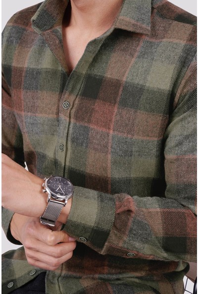 Yeşil Kahve Geçişli Slimfit Oduncu Gömlek