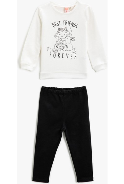 Koton Kız Bebek Eşofman Takımı Baskılı Sweatshirt Beli Lastikli Eşofman Altı Pamuklu