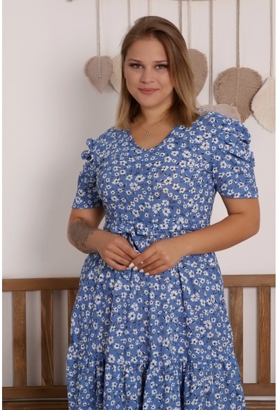 Macfly V Yaka Balon Kol Büyük Beden Elbise Macfly V Yaka Balon Kol Büyük Beden Elbise