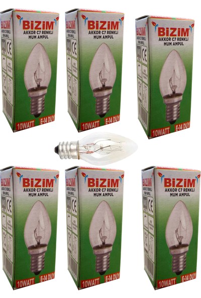 Bizim 6 Adet 10 Waat E14 Duy Renkli Şeffaf C7 Mum Ampül Sarı