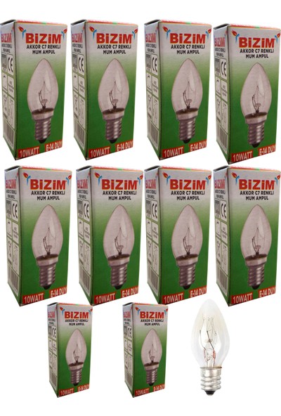 Bizim 10 Adet 10 Waat E14 Duy Renkli Şeffaf C7 Mum Ampül Sarı