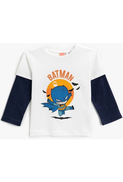 Koton Batman Baskılı Tişört Uzun Kollu Bisiklet Yaka Lisanslı Pamuklu