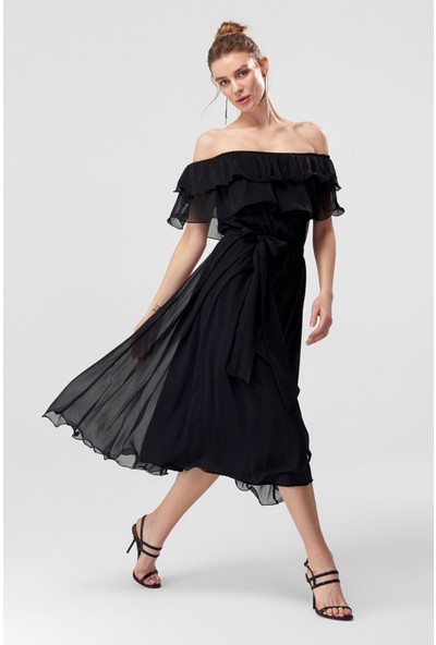 Macfly Carmen Yaka Şifon Elbise