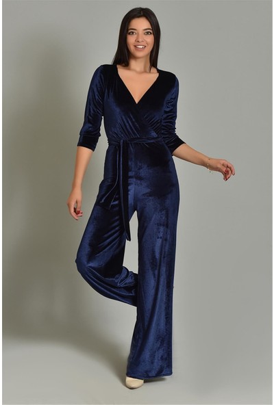 Macfly Kuşakli Midi Boy Kruvaze Yaka Kadife Elbise