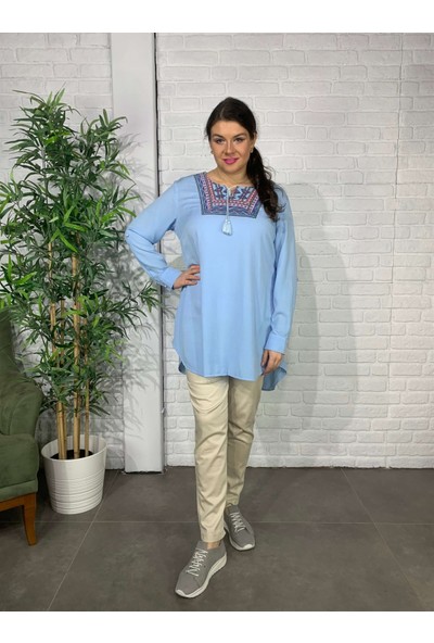 Roxxlen Kadın Mavi Büyük Beden Tunik - 5002