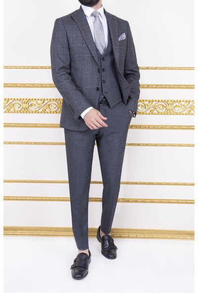 Paco Romano Erkek Slim Fit Sivri Yaka Füme Ekose Yelekli Kombin Takım Elbise Paco Romano Erkek Slim Fit Sivri Yaka Füme Ekose Yelekli Kombin Takım Elbise