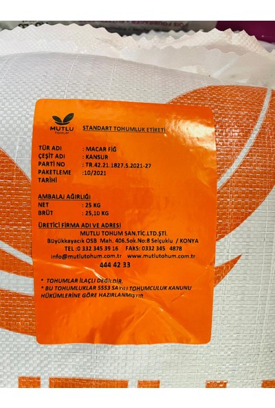 Mutlu Tohum Macar Fiğ Tohumu Kansur 25KĞ Fii Tohumu Fig Tohum Yem Bitkisi Tohumları Tohum