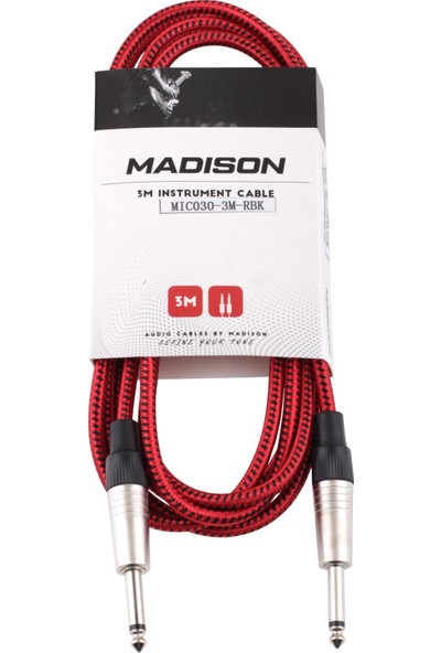 Madison Örgülü Kumaş Gitar Kablosu 3 Metre- Kırmızı Siyah Çizgili