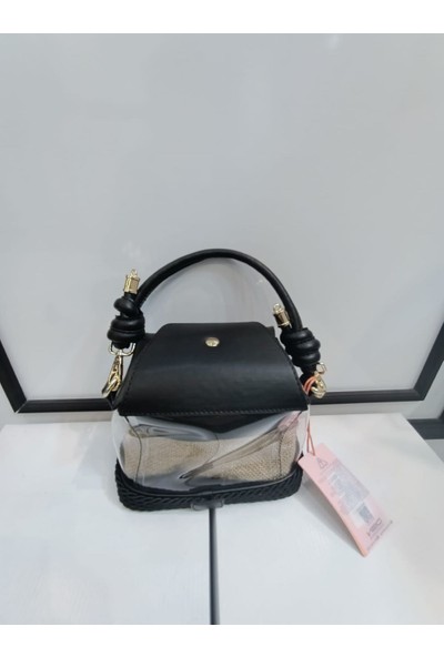 DSN Y5479 Siyah Hasır Örme Taban Seffaf Çanta