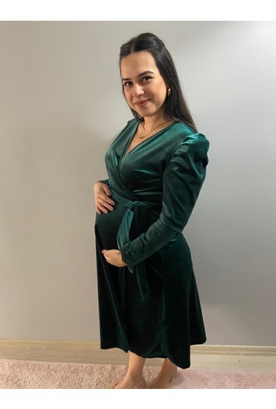 Macfly Kuşaklı Midi Boy Kruvaze Yaka Kadife Elbise