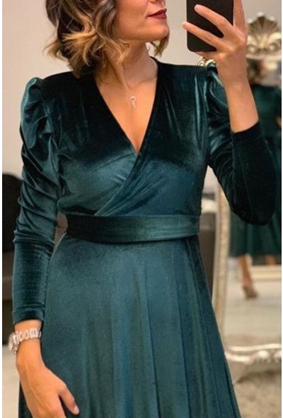 Macfly Kuşakli Midi Boy Kruvaze Yaka Kadife Elbise