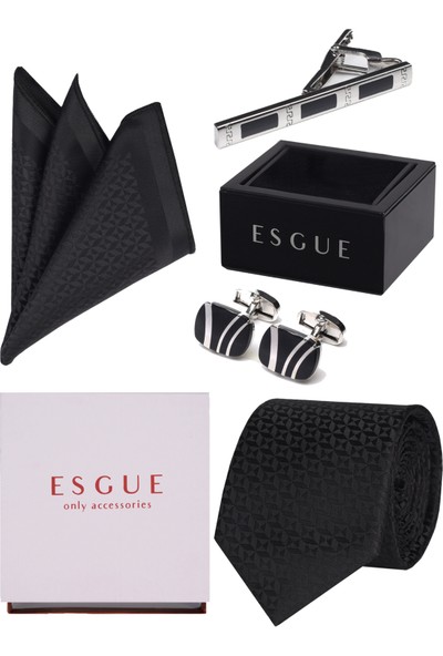 Esgue Kol Düğmesi & Kravat & Mendil & Maşa Hediye Seti