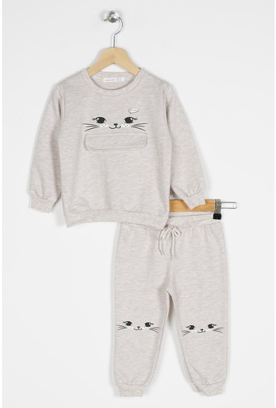 Zepkids Kız Çocuk Kedi Yüz Baskılı Ikili Takım 2-9 Yaş