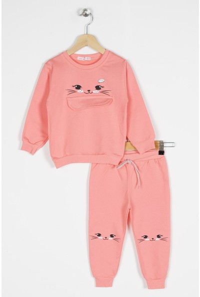 Zepkids Kız Çocuk Kedi Yüz Baskılı Ikili Takım 2-9 Yaş