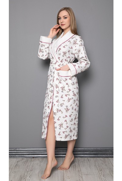 Nuşa Uzun Şalyaka Baskılı Bambu Cotton Bayan Sabahlık