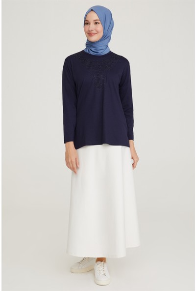 Armine Nakışlı Yaka Penye 21YD9028 Lacivert