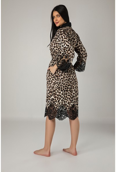 Nuşa Kimono Leopar Desen Etek Kol Dantel Saten Bayan Sabahlık